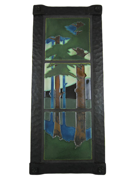 Arts and Crafts Motawi large tree tile tryptic plaque in forged iron ...